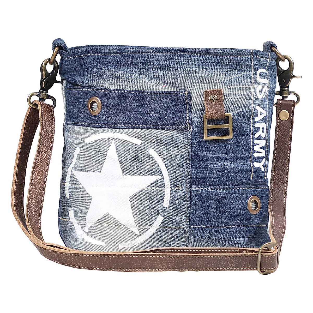 Myra Bag womens Star Denim Upcycled Canvas Cotton & Leather Shoulder Bag S-1627