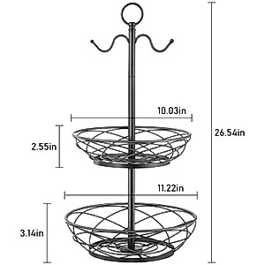 PT COVER Fruit Basket - 2 Tier Fruit Bowl with Banana Hanger for Kitchen Counter Fruit Holder - Elegant Black