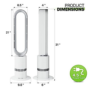 Magshion 31-Inch Oscillating Quiet Bladeless Tower Fan with Remote Control for Home Bedroom Cooling Warm Modes White