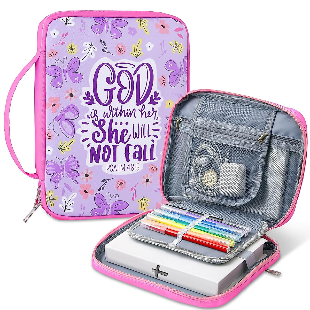 Pink Dino Bible Covers for Women Girls, Large Bible Case with Multiple Zippered Pocket Bible Carrying Bag with Removable Pen Slots for Bible Study,Purple
