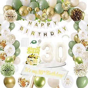 GYESXYW Sage Green 30th Birthday Decorations for Women, Olive Green and Gold 30th Birthday Decorations Set, Happy Birthday Banner, Birthday Sash, Crown, Confetti Balloons for Her Women Party Supplies