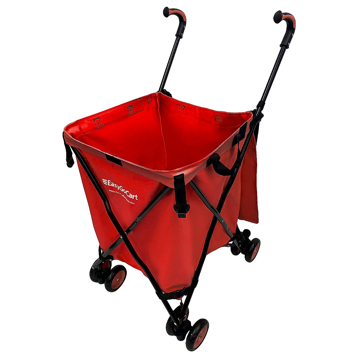 EasyGo Rolling Cart Folding Grocery Shopping Cart Laundry Basket Rolling Utility Cart with Wheels – Removable Canvas Bag - Versa Wheels & Rear Brakes - Easy Folding 120lbs Capacity – Copyrighted – RED