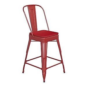Flash Furniture Kai Commercial 24" High Indoor-Outdoor Counter Height Stool - Red Galvanized Steel Frame - Red Square All-Weather Poly Resin Seat - Removable Back