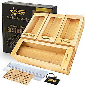 DNH Stars Bamboo Ziplock Bag Storage Organizer - 4 Box Wooden Containers for Snack, Sandwich, Quart & Gallon Size Zip Lock Bags - Fits In Kitchen Drawer, Cabinet - Ready to Use Labels & Bags