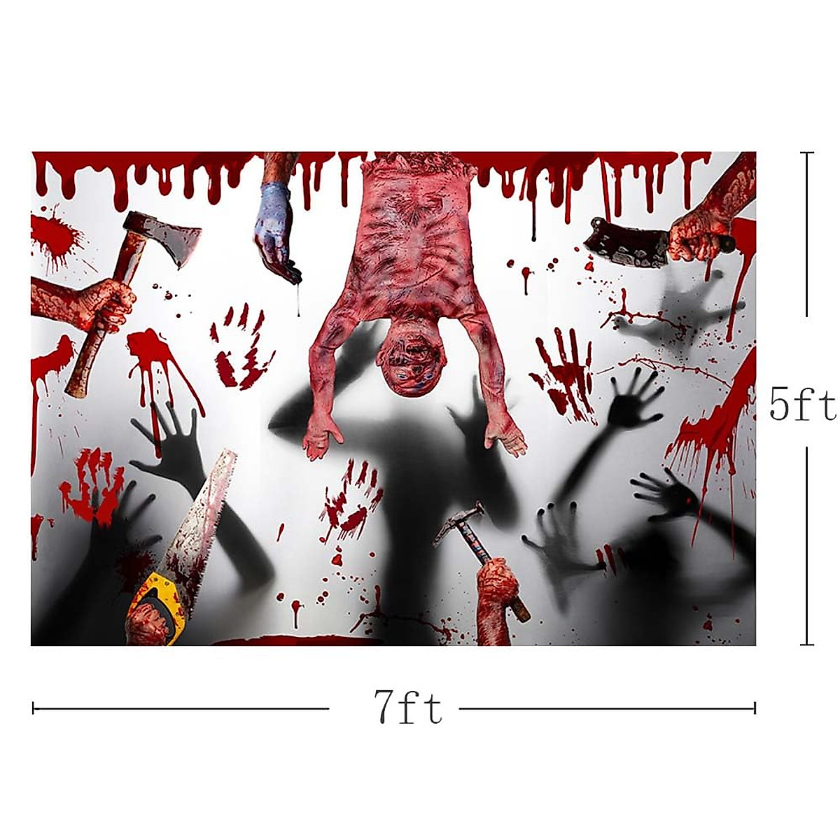 MEHOFOND 7x5ft Halloween Bloody Backdrop Halloween Horrible Party Photography Background Bloody Hand Bloody Body Axes Hammers Saws Knives for Halloween Scary Party Decorations Photo Booth Props