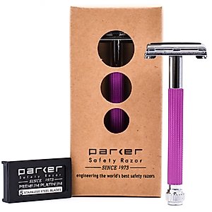 Parker 29L Lavender, Long Handle Butterfly Open Double Edge Safety Razor for Women, 5 Parker Premium Platinum Double Edge Razor Blades Included