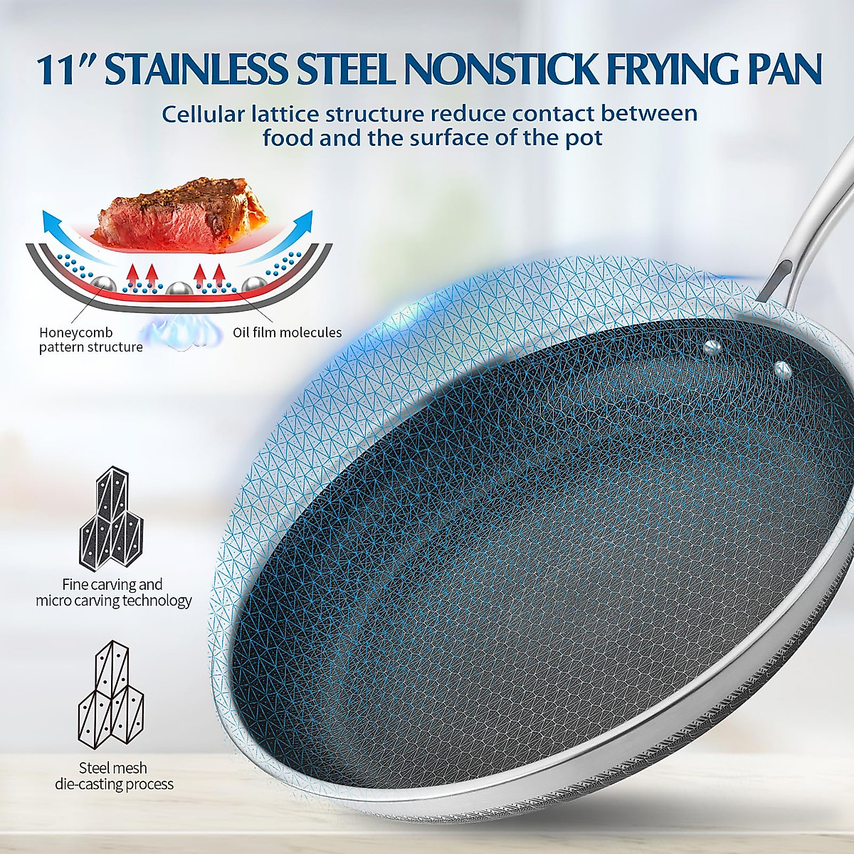 Dingerkit Frying Pans Nonstick, 11” Hybrid Stainless Steel Non Stick Frying Pans for Kitchen and Camping - Nonstick Cookware - Dishwasher and Oven Safe Skillet for Induction Gas Ceramic.