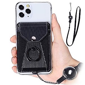YUNCE Cell Phone Card Holder,Card Holder for Back of Cell Phone with Ring Grip Stand,Adhesive Stick-on Credit Card Wallet Pocket with Detachable Neck Strap Black