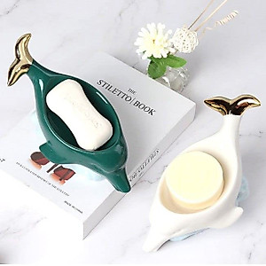 Ceramic Soap Dish,Self Draining Bar Soap Dish Holder for Bathroom and Shower Easy Cleaning,Whale&Waves Shape (Green Whale)