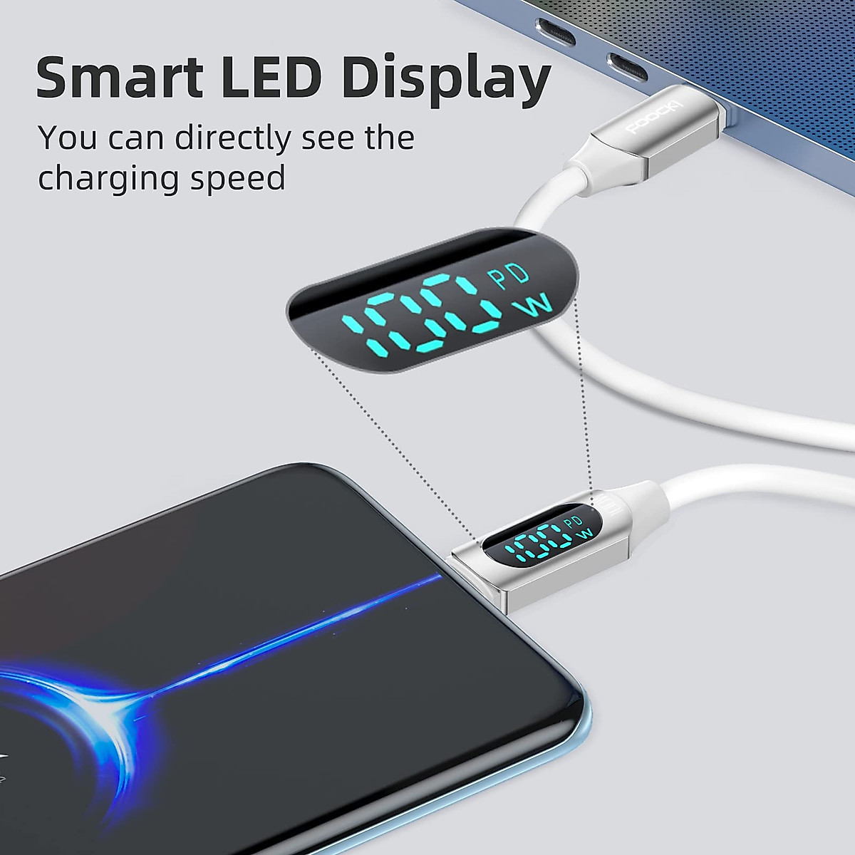 6.6FT 100W USB C Cable 6FT USB C to USB C Cable PD Fast Charging Silicone Type-C Cable with LED Display for MacBook Pro 13 16 MacBook Air 13 15