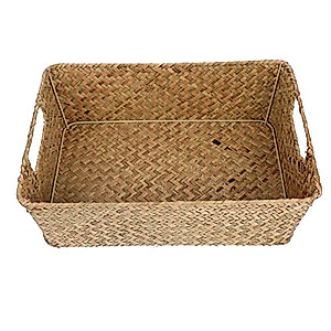 DOITOOL Large Woven Basket for Storage Natural Wicker Basket for Organizing, Wicker Storage Basket with Handle for Pantry, Hand Woven Basket for Bedroom, Living, Shelves, Beige, 33X23X11CM
