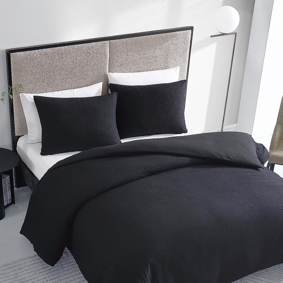 Vera Wang- King Duvet Cover Set, Reversible Cotton Bedding Set with Matching Shams, Designer Home Décor (Waffle Pique Black, King)