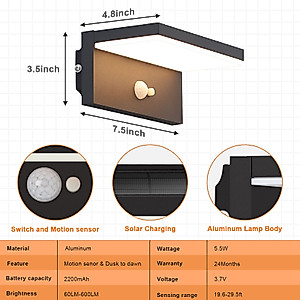 Lustrlach Motion Sensor Solar Wall Lights Outdoor Waterproof LED Solar Wall Sconce Black Dusk to Dawn Modern Porch Wall Mount Lamp for Garage House Patio