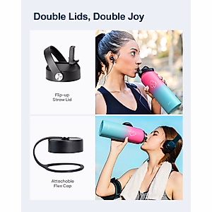 BUZIO Stainless Steel Water Bottle, 40oz Vacuum Insulated Double Wall Leak Proof Sports Water Bottle with Straw Lid and Flex Cap for Gym Travel Camping, Rose and Green