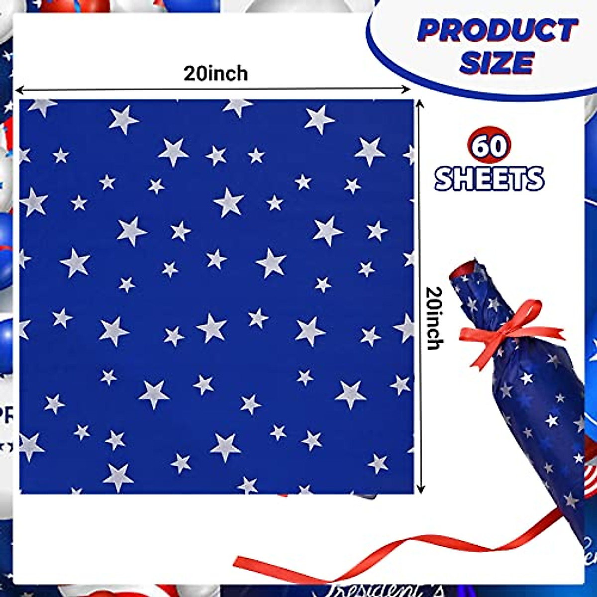 Bolsome 60 Sheets 20 * 20 Inches Silver Star Tissue Paper, Navy Blue Tissue Paper for Gift Wrapping for Birthday Baby Shower Patriotic Themed Party DIY Craft