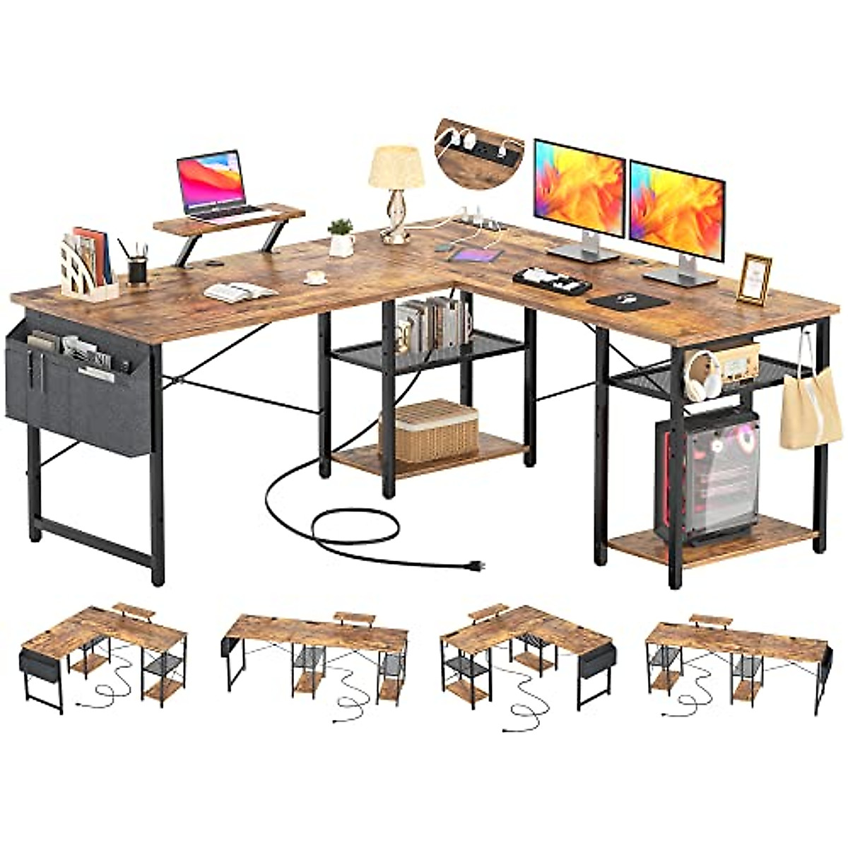 Aheaplus L Shaped Desk with Outlet and USB Charging Port, L-Shaped Desk with Storage Shelves Reversible Corner Computer Desk 2 Person Long Table with Monitor Stand Gaming Home Office Desk,Rustic Brown