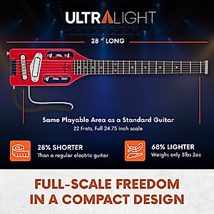 Traveler Guitar Ultra-Light Torino Red Electric Guitar | Small Electric Guitar with Removable Lap Rest | Full 24 3/4" Scale Travel Guitar | Portable Mini Guitar | Headless Guitar with Custom Gig Bag