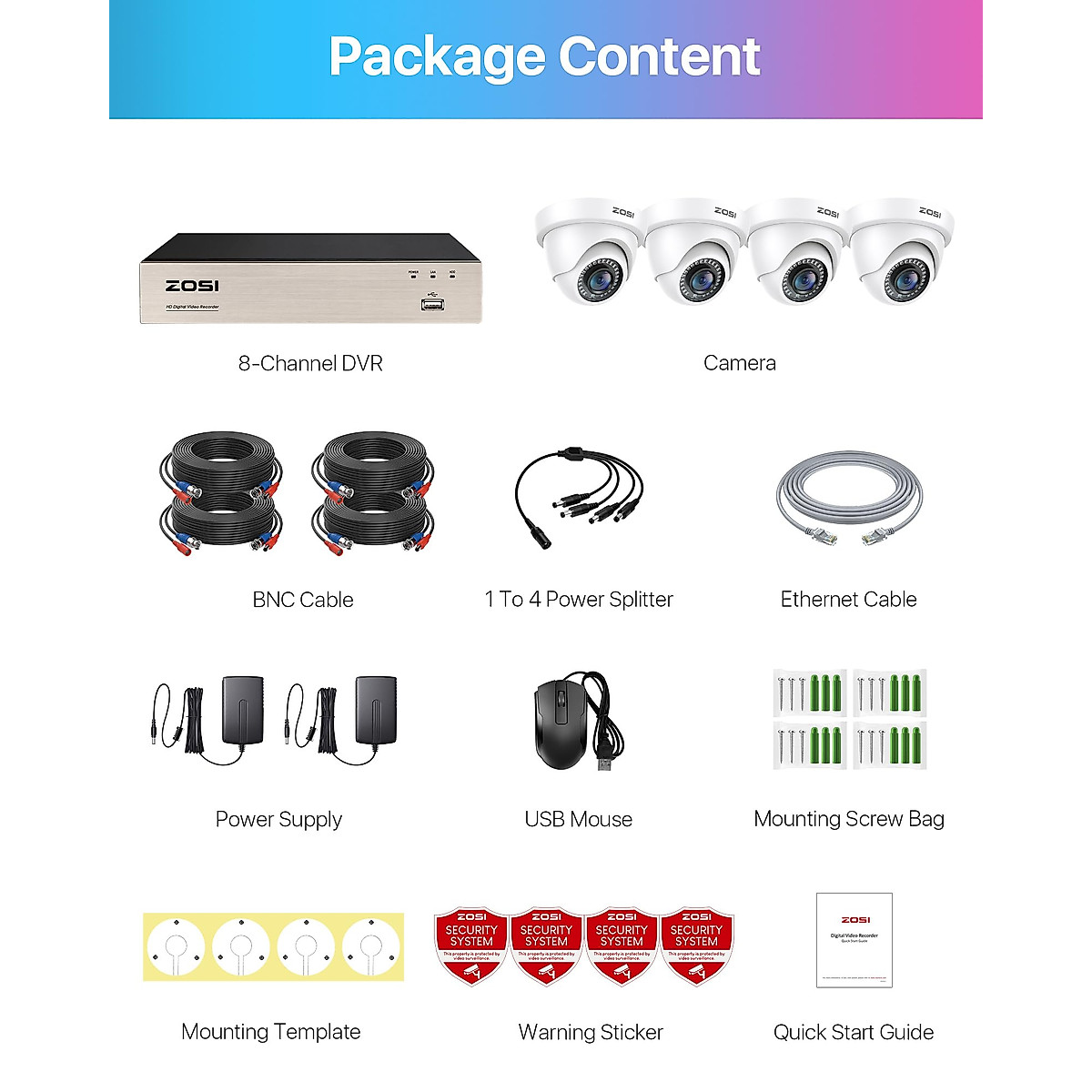 ZOSI 3K Lite 8CH H.265+ Home Security Camera System with AI Human/Vehicle Detection,Night Vision,5MP Lite 8 Channel CCTV DVR,4pcs 1080P 1920TVL 2MP Outdoor Indoor Surveillance Dome Cameras (No HDD)