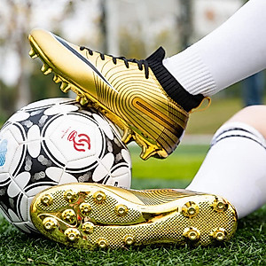 DHOVOR Womens Soccer Cleats Youth Football Cleats Girls High-Top Athletics Football Trainers Outdoor and Indoor Soccer Shoes Gold