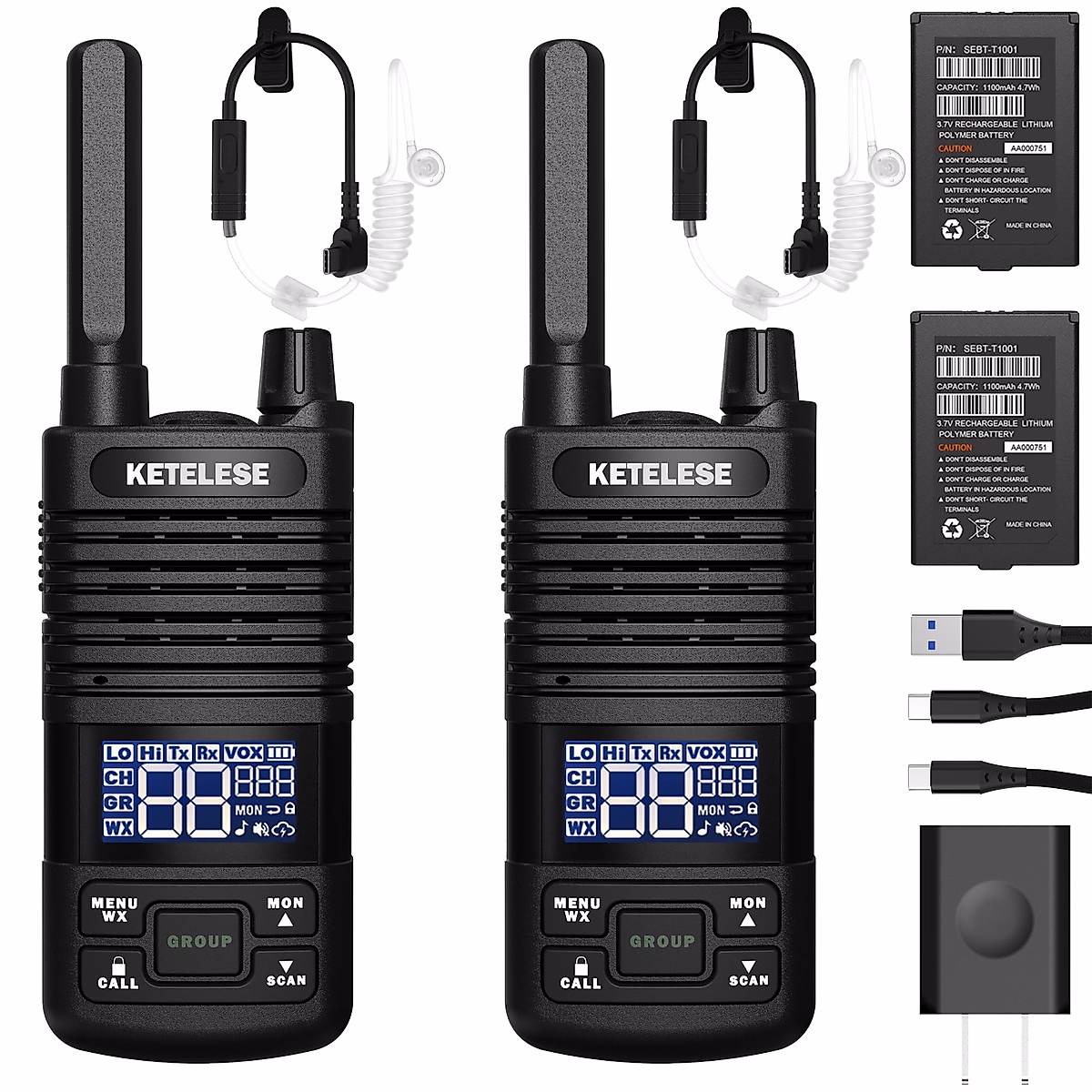 KETELESE T1 Rechargeable Walkie Talkies for Adults Long Range, 22 Channel 2 Way Radios, USB C FRS Walkie-Talkie with Earpiece, NOAA, VOX, Group Call for Hiking, Camping, Hunting (2 Pack), Black