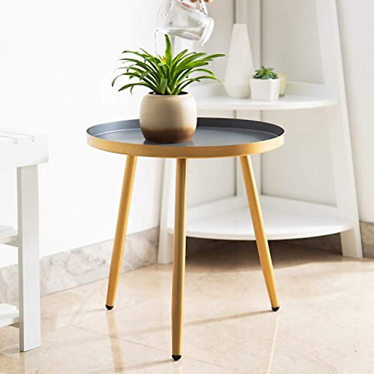 AOJEZOR Round End Table Ideal for Any Room, Metal Structure Side Tables Great For Living Room, Bedroom, Indoor, Outdoor, Matte Gray Tray with 3 Gold Legs Accent
