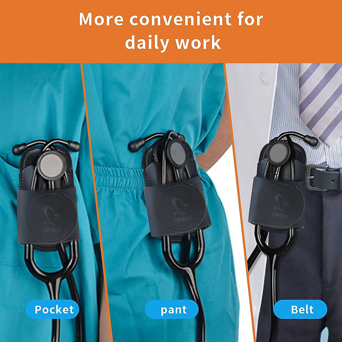 Aiotve Stethoscope Holder-Stethoscope Clip Hip Holder,Premium Leather Handmade Clip-on Stethoscope Hip Holder for Easily Accessible, Hygienic Stethoscope Attachment, for Physicians/Nurses(Black)