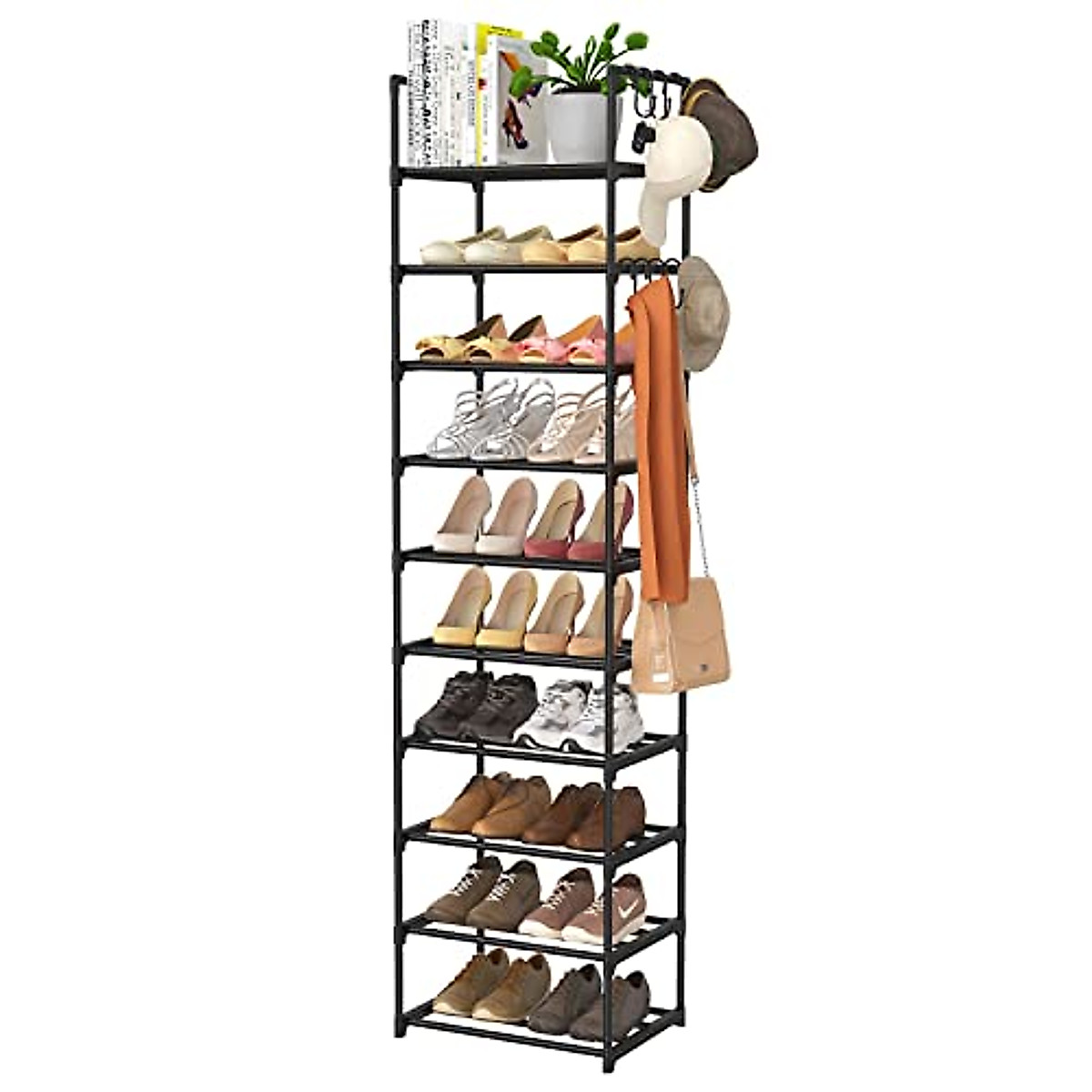 ROJASOP Tall Shoe Rack 10 Tiers Narrow Shoe Rack 20-24 Pairs Vertical Shoe Rack Space Saving Stackable Tall Shoe Rack for Closet Entryway Durable Shoe Shelf Storage Metal Shoe Tower with 8 Hooks