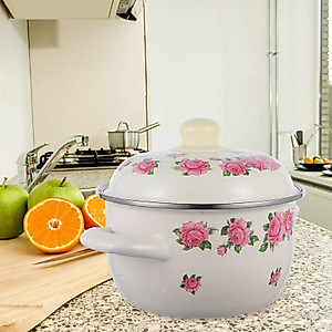 VOSAREA Enamelware Pot, 18cm Enamel Stockpot with Lid Floral Retro Cooking Pot Simmer Pot Deep Enamelware Soup Pot for Home Restaurant 2L