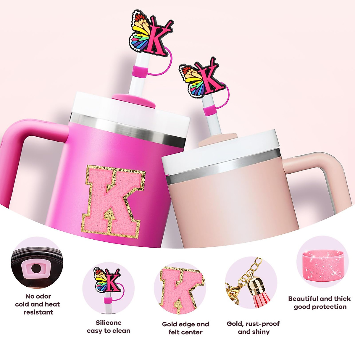 Mity rain 6PCS Cup Accessories Set for Stanley Cup 30oz 40oz, Tumbler Initials Decorations for Stanley, Including Silicone Straw Cover Cap and Boot, Spill Proof Stopper, Handle Charm, Sticker,Letter K