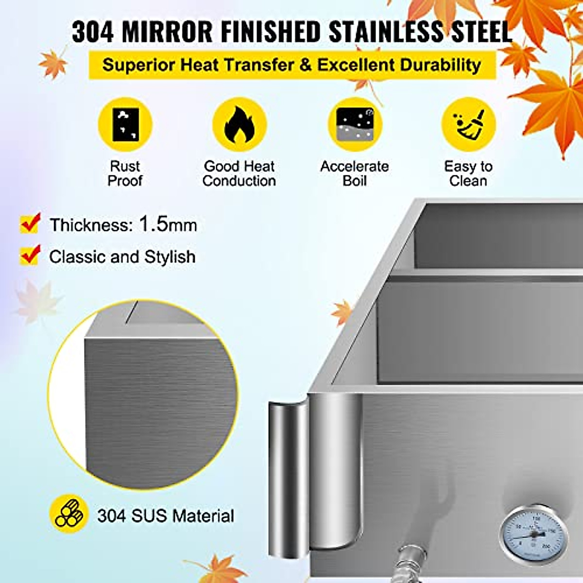 VBENLEM Maple Syrup Evaporator Pan 36x24x18.5 Inch Stainless Steel Maple Syrup Boiling Pan with Valve and Thermometer and Divided Pan and Feed Pan