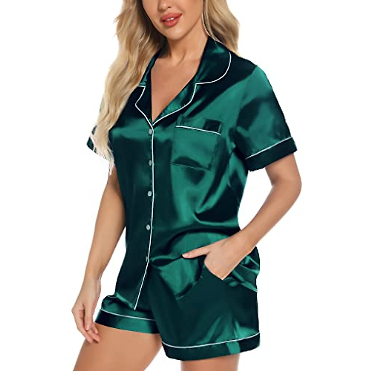 Womens Silk Satin Short Pajamas Set Classic Sleepwear Loungewear Dark Green M
