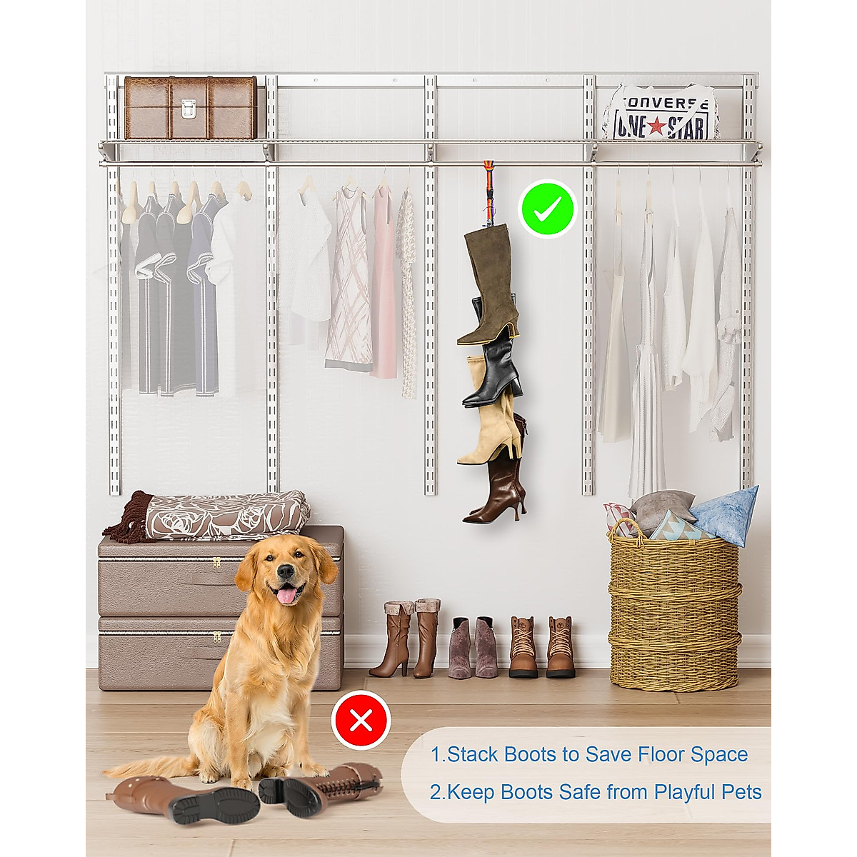 Allgawise Rainbow 6pcs Boot Hanger for Closet with Adjustable Rope - Boot Hanging Clips for Tall Boots, Cowboy Boot Rack, Hanging Shoe Organizer Space Saver