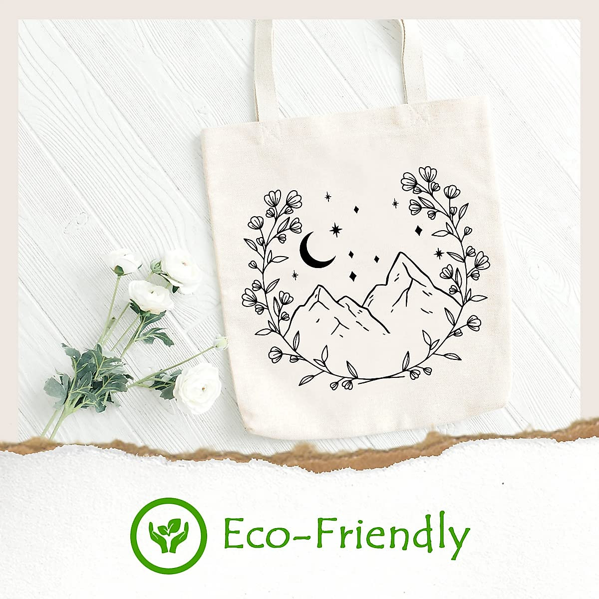 SAUIVD Mountain Moon Flowers Cotton Canvas Tote Bag Mountains Wreath Handbag for Party Grocery Shopping Market