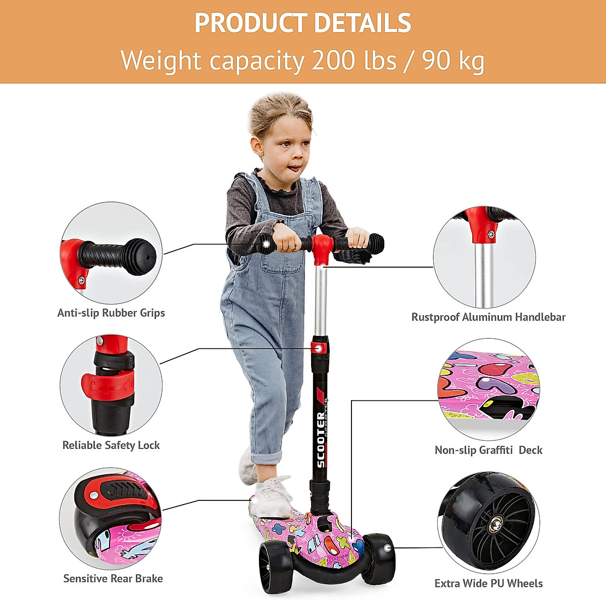 Scooter for Kids Ages 3-12, Foldable & Height Adjustable Kids Scooter with Graffiti Bodywork, Non-Slip Deck and Extra Wide PU Light-up Wheels (200 Lbs Weight Capacity)