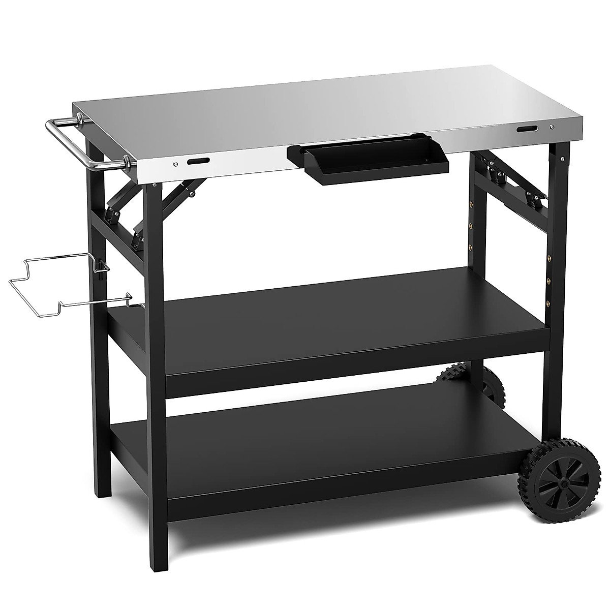 Giantex Outdoor Grill Cart with Wheels, Food Prep Table with 3 Storage Shelves, Detachable Spice Rack, Garbage Bag Holder, 4 Hooks, Movable Dining Cart Worktable Trolley for Outside Kitchen BBQ