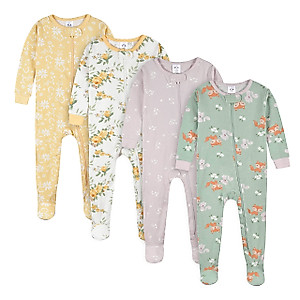 Gerber Baby Girl's 4-Pack Footed Pajamas, Roses and Fox, 12 Months