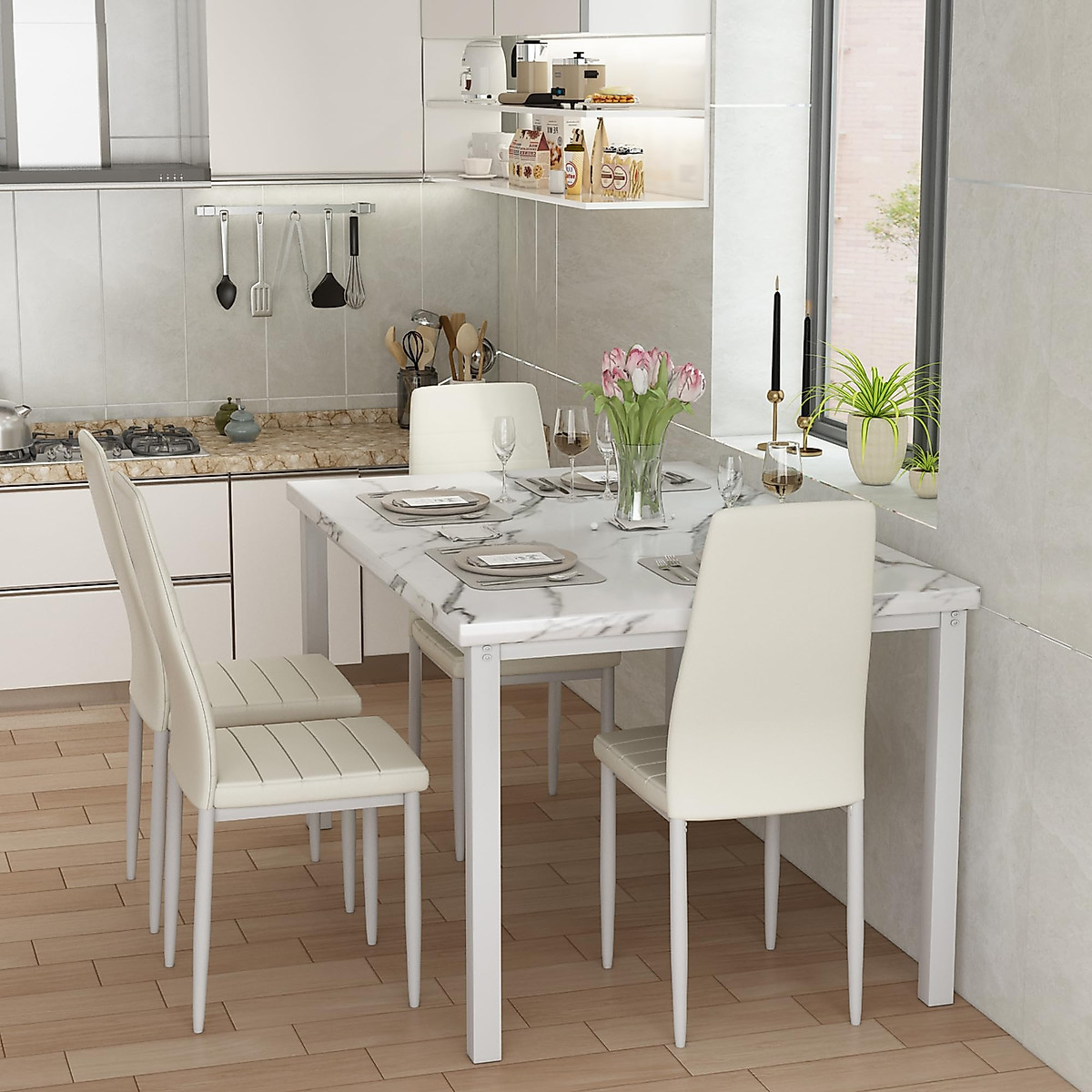 DKLGG Dining Table Set for 4, 5 Piece Kitchen Table Set with PU Leather Chairs Space-Saving Faux Marble Dining Room Table Set for 4 for Small Home Kitchen, Apartment