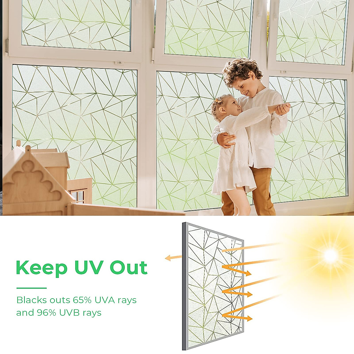 Windimiley Window Privacy Film Frosted Glass Window Clings: Bathroom Geometry Frosting Decorative Static Cling UV Sun Blocking Heat Control Home Window Tint Removable Door Cover(17.5 x 78.7 in,Pure)