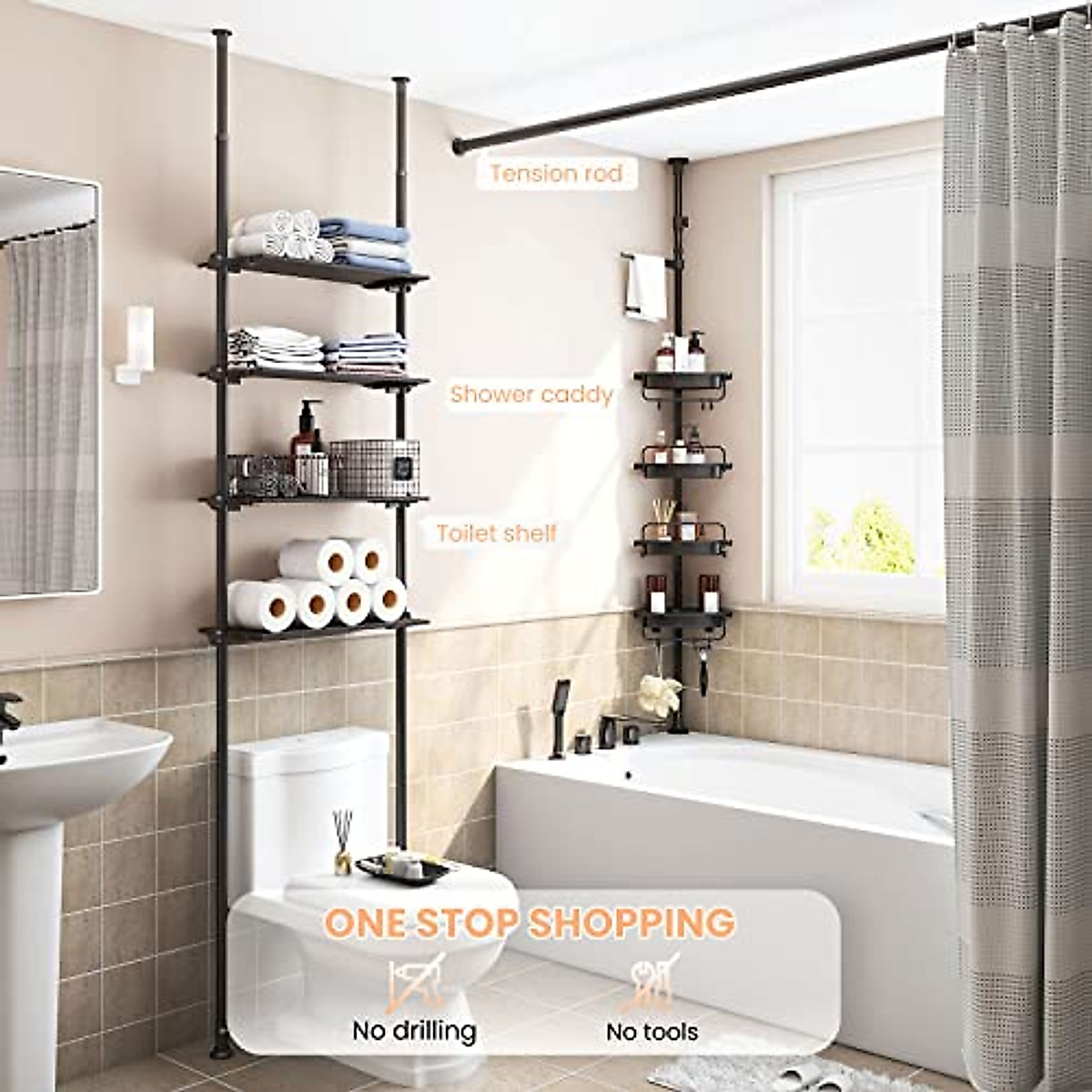 ALLZONE Over The Toilet Storage Cabinet, 4 Tier Over Toilet Bathroom Organizer, Adjustable Bathroom Shelves Over Toilet, Fit Most Showers on Above Toilet Storage, 92 to 116 Inch, Metal Shelves,Black