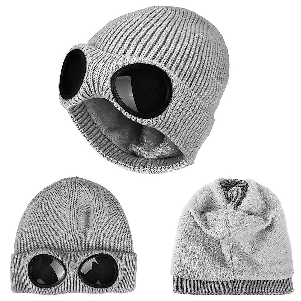 Belsen Unisex Goggle Knitted Beanie Hat Windproof Warm Winter Skull Cap (Gray)