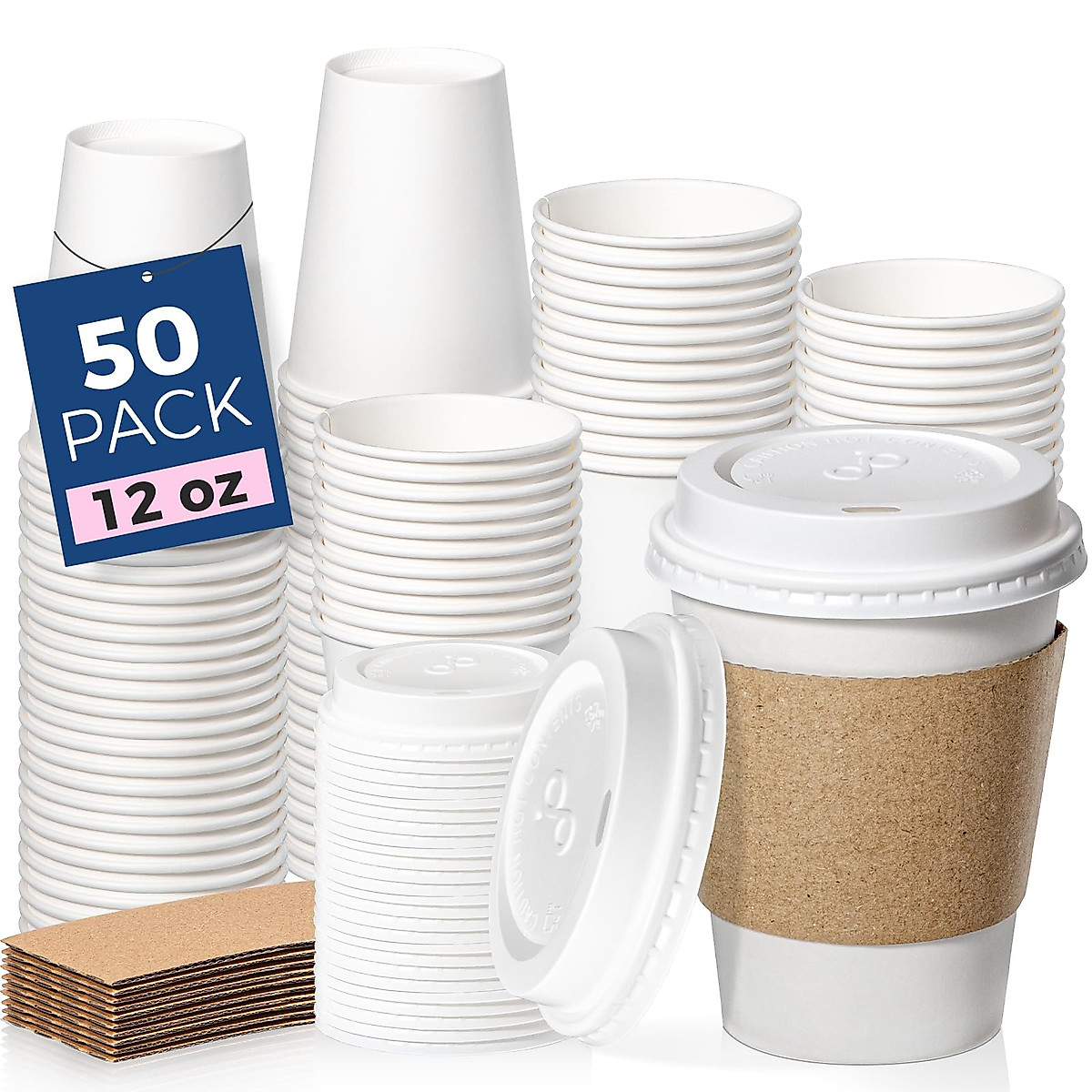 [50 Pack] White Coffee Cups with White Dome Lids and Brown Sleeves - 12oz Disposable Paper Coffee Cups - To Go Cups for Hot Chocolate, Tea, and Other Drinks - Ideal for Cafes, Bistros, and Businesses