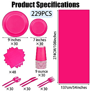 TWOWYHI 229PCS Hot Pink Party Supplies Set - Paper Disposable Plates Cups Plastic Spoons Forks Knives Napkins Serve 30 Guests