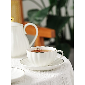 Amazingware Royal Tea Cups and Saucers, with Gold Trim and Gift Box, British Coffee Cups, Tea Cup Set, Porcelain Tea Set, Cappuccino Cups, Latte Cups, Set of 6 (8 oz)- White