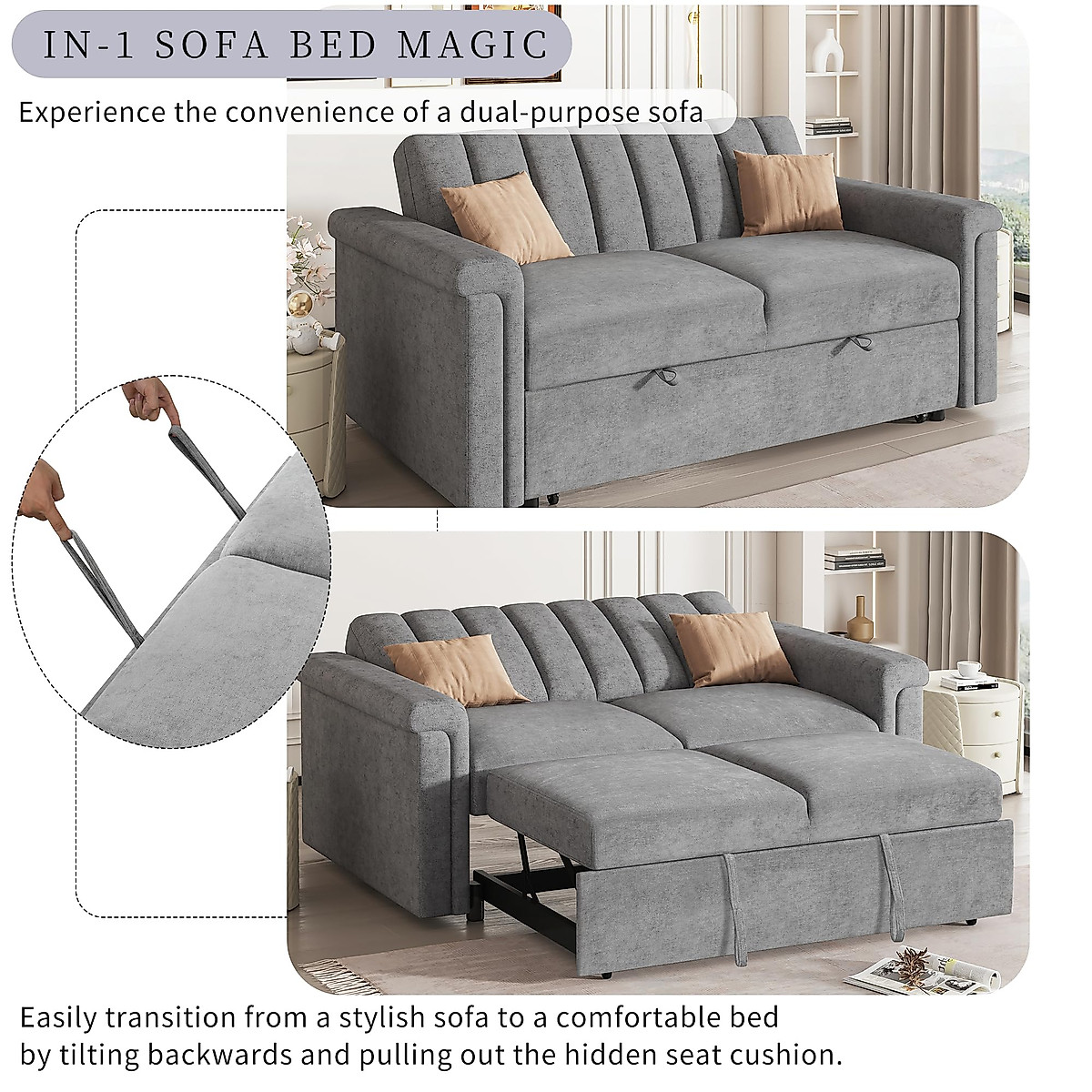 Merax Soft Cushion Convertible Sofa Pull Bed for Two People to Sit On, 2-Seater Upholstery Couch for Living Room Apartment, 61.40 inch Length, Grey