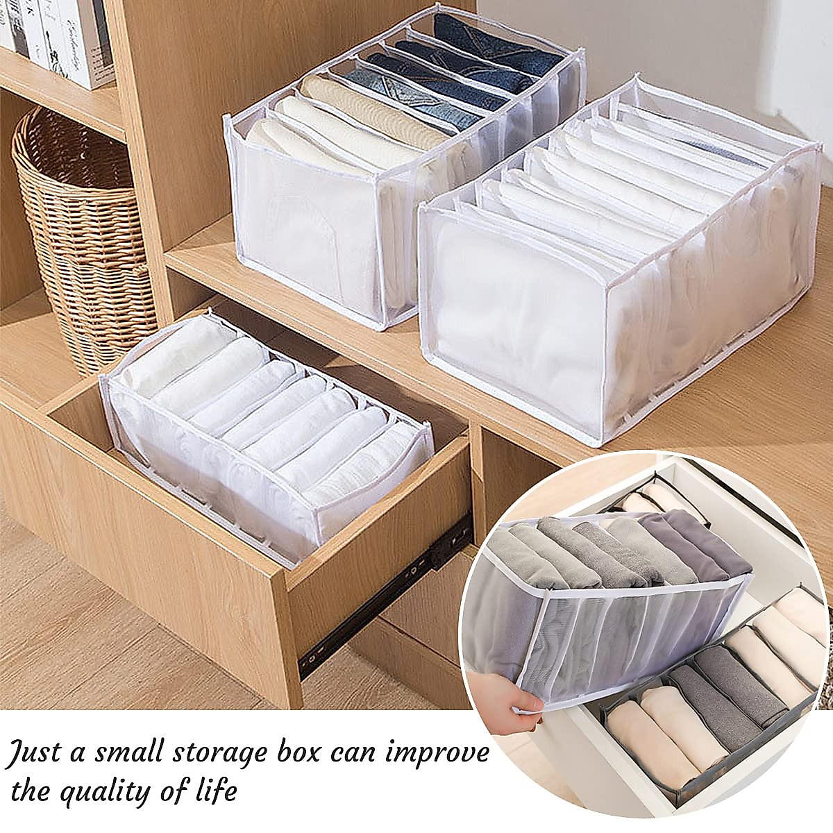 Aposemo Clothes Organizer Drawers Wardrobe Compartment Separation Underwear Portable 7 Grids Storage Box Mesh Washable (2 Pcs Grey Small+Grey Large)