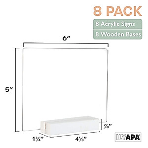 Ilyapa Acrylic Sign Holders with White Wood Stands, 8 Pack - Small 5x6 Inch Blank Table Numbers Set for Wedding