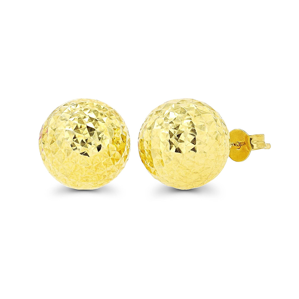 Solid 14K Yellow Gold Diamond Cut Ball Stud Earrings With 14K Gold Backs, 12mm