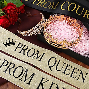 Saintrygo 12 Pcs Prom Crown and Sash Set, Prom King and Prom Queen Tiara Rhinestone Crown Glitter Sash Prom Court Royal Satin Sash for Graduation Prom Night Party Birthday Accessory (Gold,Stylish)
