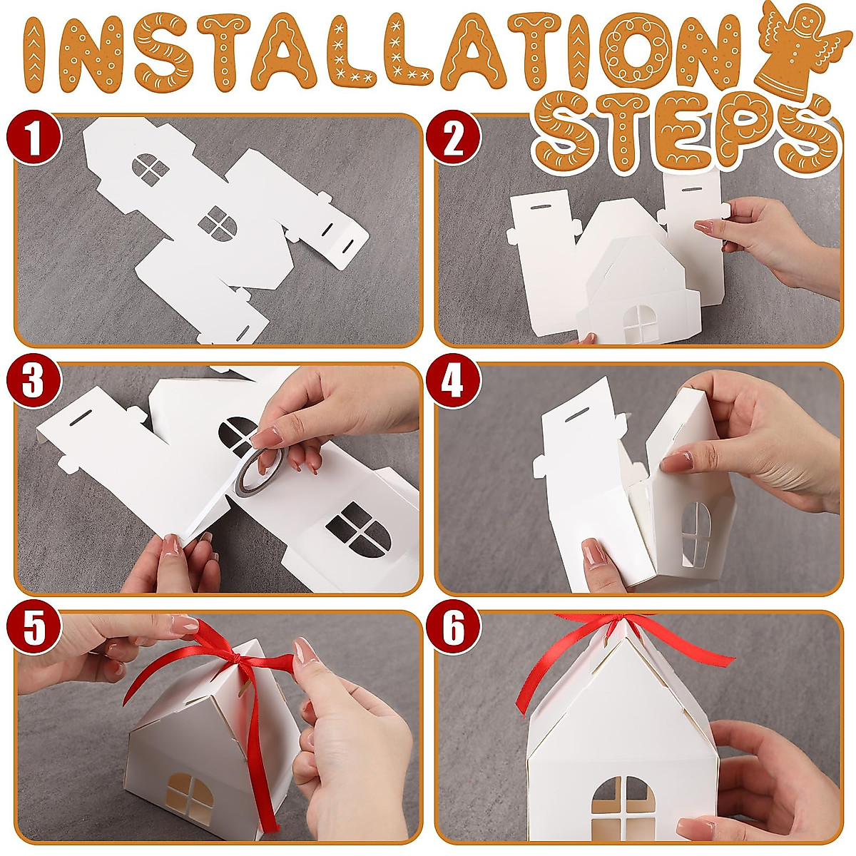 Yinder 25 Pcs House Shaped Gift Boxes with Red Ribbons House Shaped Candy Boxes House Treat Boxes Party Favors Cookie Boxes for Gift Giving White Paper Gable Boxes for Wedding Xmas Party, 4 Styles