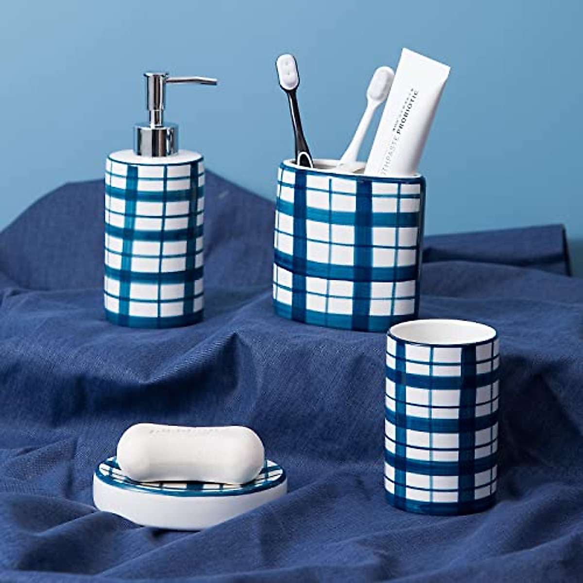Ceramic Bathroom Accessories Set, Bath Vanity Countertop Blue Plaid Accessory Sets Complete, with Soap/Lotion Dispenser, Toothbrush Holder, Tumbler, Soap Holder